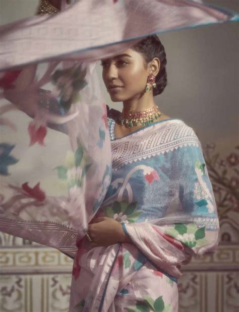 Stunning Peach Pink Brasso Chiffon Saree With Multicolored Floral