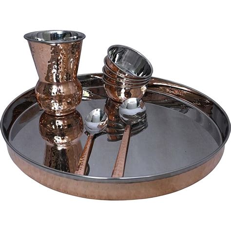 Pack Of 2 Set Stainless Steel Copper Traditional Dinnerware Set Of Thali Plate Bowls Glass And