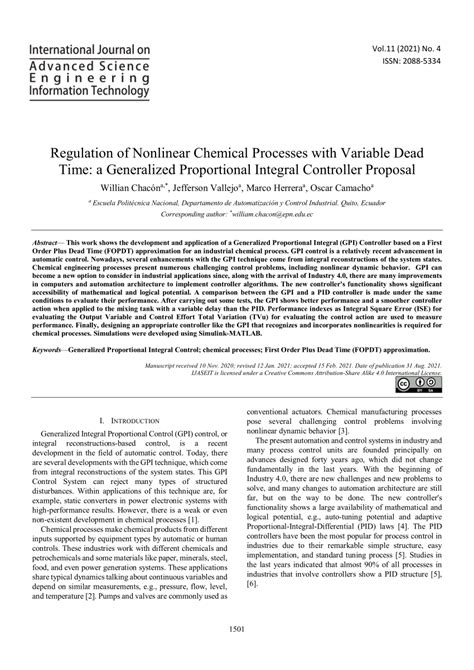 Pdf Regulation Of Nonlinear Chemical Processes With Variable Dead Time A Generalized