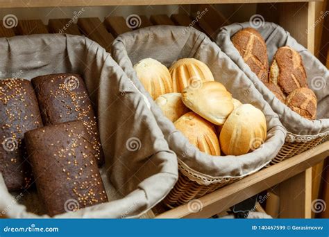 Assortment Of Fresh Bread In Baskets In Bakery Stock Image Image Of Shelf Basket 140467599