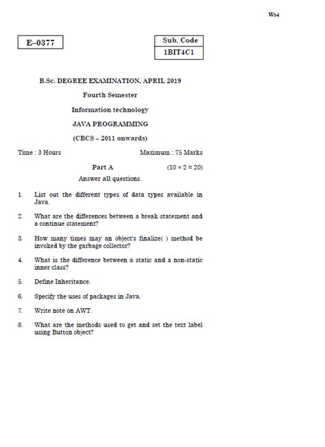 Alagappa University Ug Information Technology Java Programming 2019