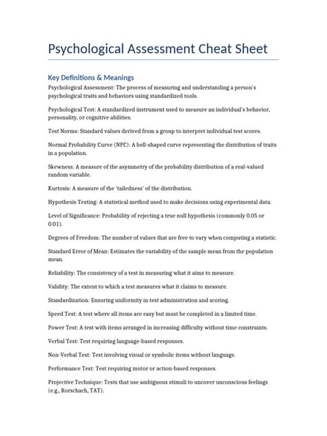 Psychological Assessment Cheat Sheet Pdf Psychological Testing