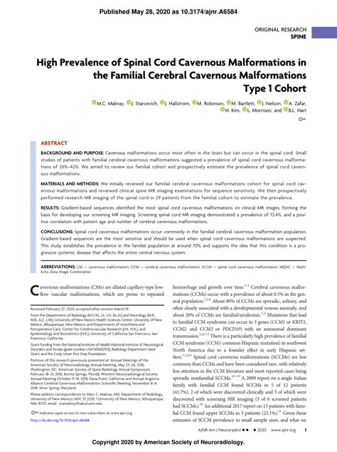 Pdf High Prevalence Of Spinal Cord Cavernous Malformations In The