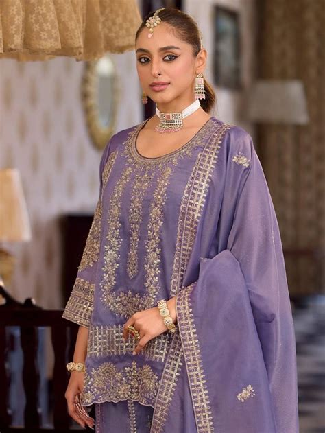 Lavender Silk Blend Embroidered Straight Shape Suit Set With Dupatta In