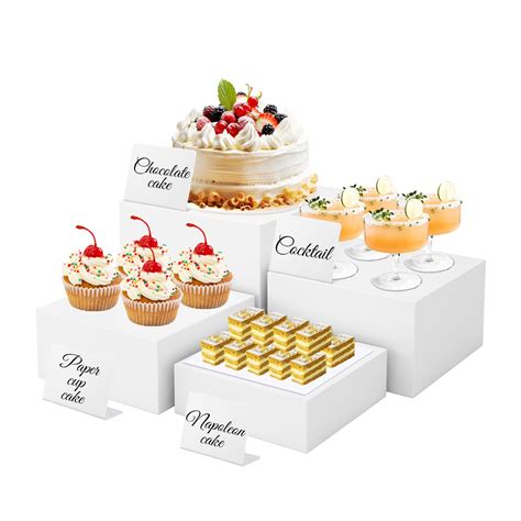 Thmins 4 Pcs White Buffet Risers With Mini Signs Acrylic Food Risers For Buffet Table Display