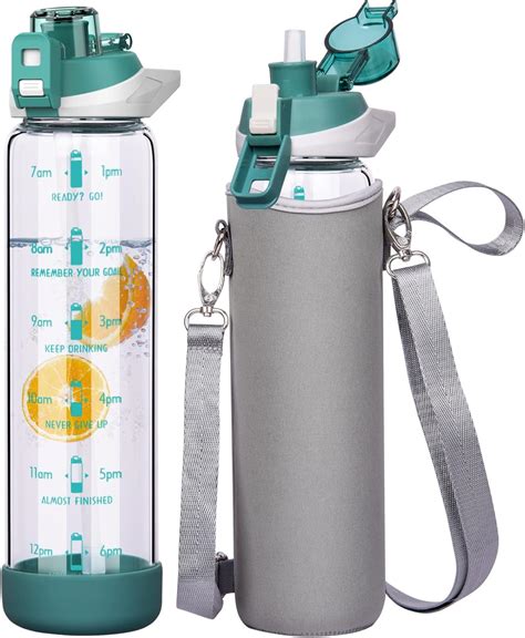 Seekua 1 Liter 1l Motivational Glass Water Bottle With Straw And Time