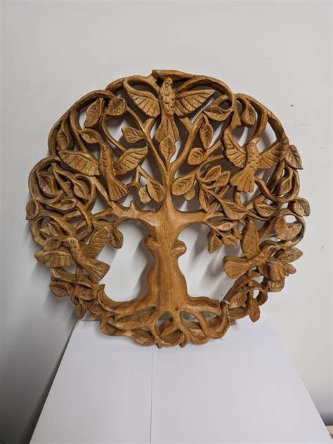 Wall Panel Wood Round Tree Of Life With Birds And Leaves 40cm Without
