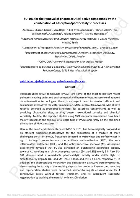 Pdf Su 101 For The Removal Of Pharmaceutical Active Compounds By The