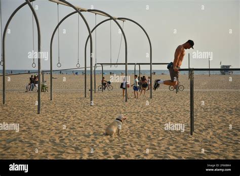 Sunset Landscape With A Young Male Gymnast Working Out On Two Uneven