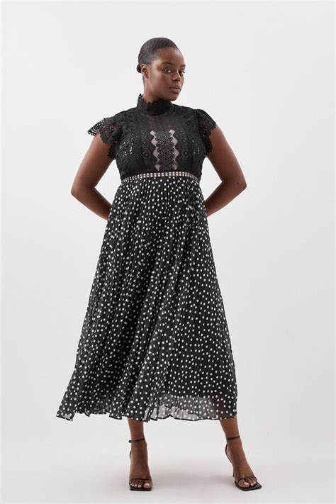 Karen Millen Plus Size Guipure Lace Dot Pleated Skirt Midi Dress