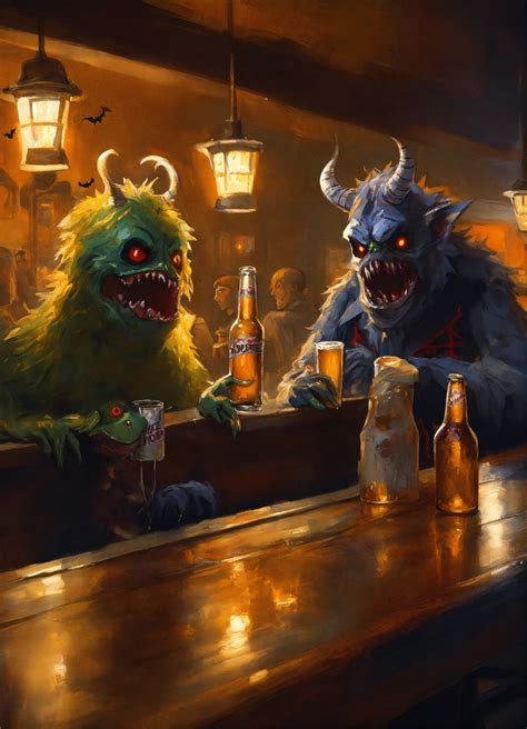 Lexica Painting Of Cute Halloween Monsters Drinking Beer At A Bar
