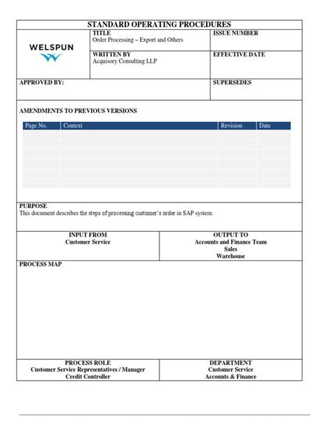 Standard Operating Procedures Order Processing Export And Others