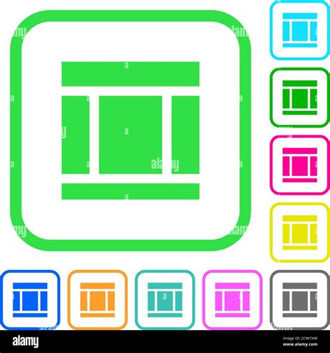 Three Columned Web Layout Vivid Colored Flat Icons In Curved Borders On White Background Stock