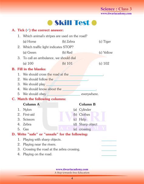 Safety And First Aid For Class 4 Worksheet With Answers