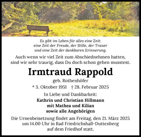 Traueranzeigen Von Irmtraud Rappold Trauerundgedenken De