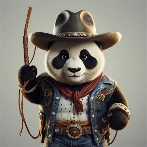 Cartoon Style Panda Dressed As Cool Cowboy Holding Lasso Premium Ai