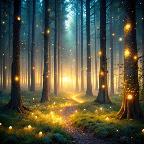 Magical Lights Sparkling In Forest At Night Stock Illustration