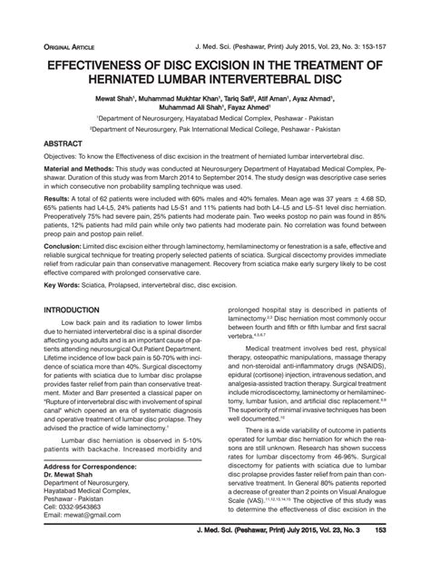Pdf Effectiveness Of Disc Excision In The Treatment Of Herniated