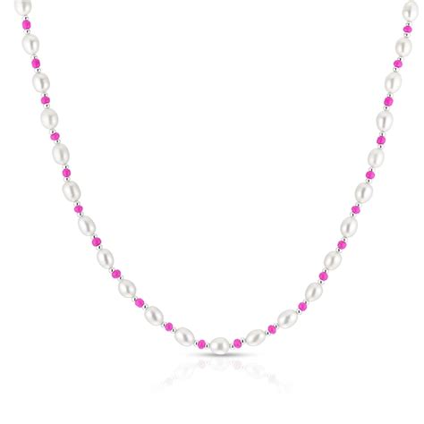 Sterling Silver Freshwater Pearl And Pink Beaded 172 Inch Necklace H
