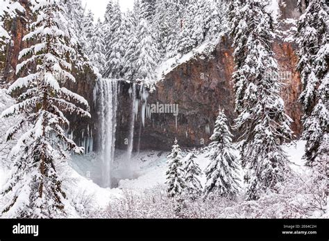 Stunning View Of Tamanawas Falls On Mt Hood In Winter Near Hood River