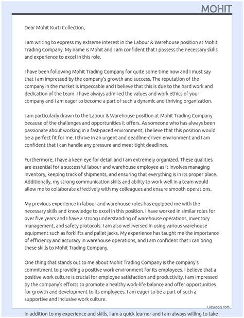 Cover Letter For Labour And Warehouse Lazyapply