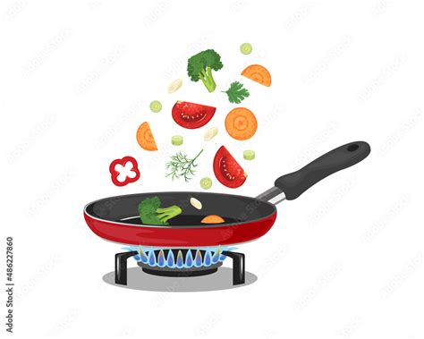 Cooking Food In Frying Pan Vector Illustration Of Cut Vegetables