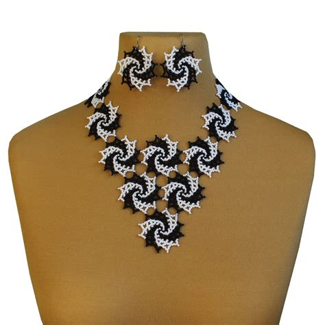 Woven Bead Jewelry Set Black And White Necklace And Earrings Etsy