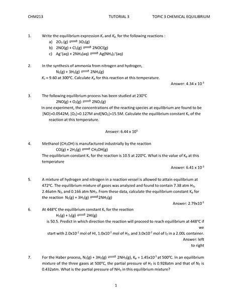 Tutorial 3 Write The Equilibrium Expression Kc And Kp For The