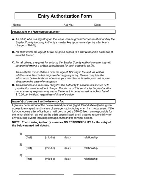 Fillable Online Entry Authorization Form Fax Email Print Pdffiller
