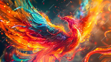 Background Of A Rainbow Phoenix Bird Flying In A Sky Full Of Clouds