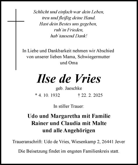 Traueranzeigen Von Ilse De Vries Nordwest Trauerde