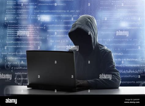 Hacker At Laptop Malware And Virus Danger Man In Hoodie And Dark Mask Hacking Dark Net And