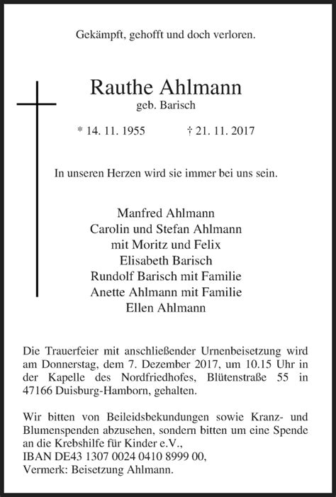 Traueranzeigen Von Rauthe Ahlmann Trauer In Nrw De