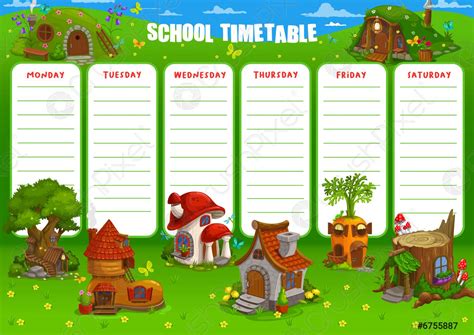 School Timetable Vector Schedule With Fairy Houses Stock Vector