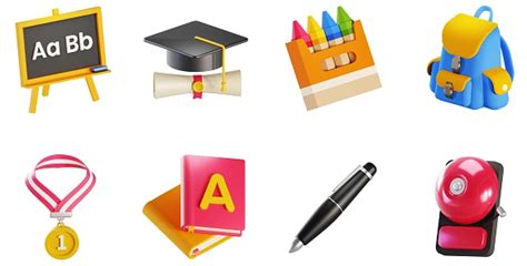 3d School Supplies Set Graduation Hat Books School Bell Blackboard Ball