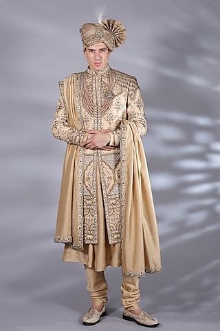 Champagne Brown Raw Silk Zardosi And Thread Embroidered Groom Sherwani