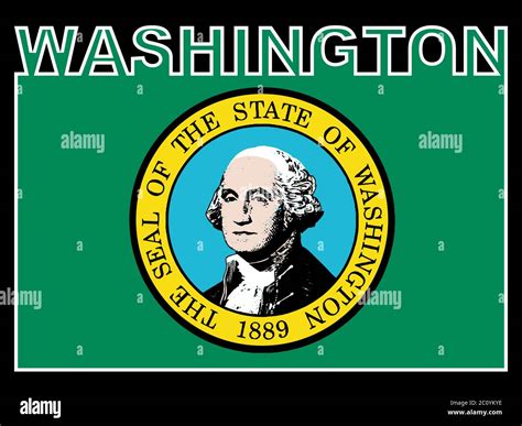 Washington State Text In Silhouette Set Over The State Flag Stock