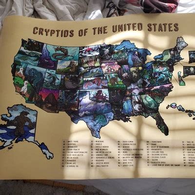 Cryptids Of The United States Map With A Legend 24x36 Glossy Print