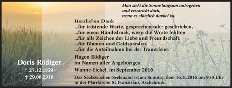 Traueranzeigen Von Doris Rödiger Trauer In Nrw De