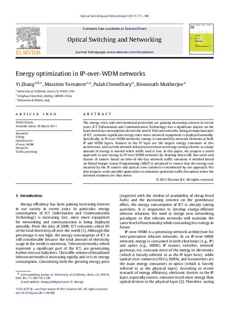 Pdf Energy Optimization In Ip Over Wdm Networks