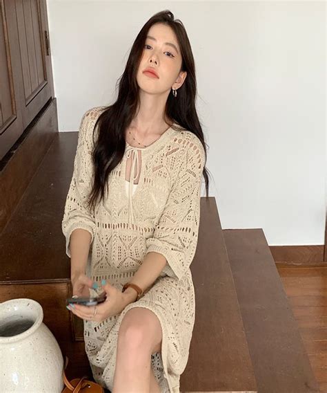 베이지하루 펀칭 롱 니트 탑 상의 블라우스 칠부 소매 미니 원피스 레이어드 리본 시스루 여름 가을 간절기 여성 여자 셔츠 남방 루즈핏 탑 상의 30대 40대 레이디 바캉스룩