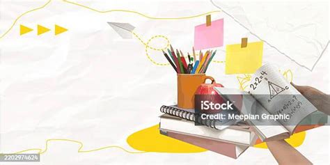 질감 배경에 사과 공책 문구류와 교육 용품의 다채로운 콜라주 벡터 일러스트 레이 션 교육에 대한 스톡 사진 및 기타 이미지 교육 예술 3가지 개체 Istock