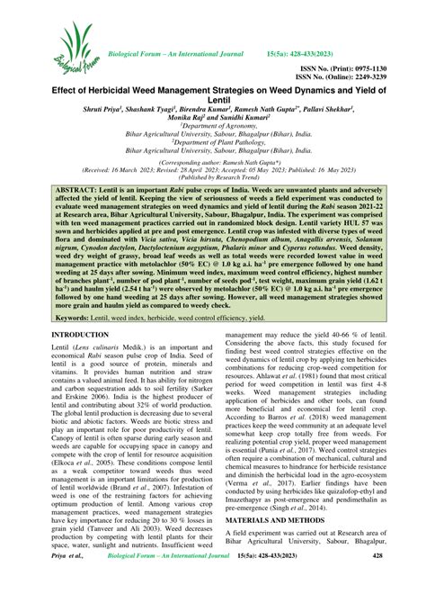 Pdf Effect Of Herbicidal Weed Management Strategies On Weed Dynamics And Yield Of Lentil