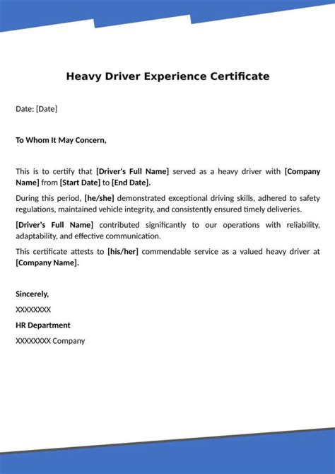Heavy Driver Experience Certificate Template Download In Word Docx
