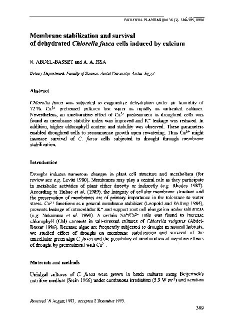 Pdf Membrane Stabilization And Survival Of Dehydratedchlorella Fusca