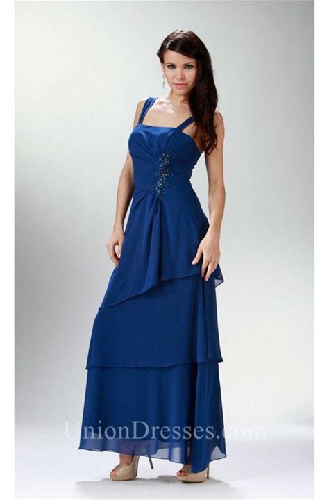 Glamour Strap Royal Blue Chiffon Tiered Formal Mother Evening Dress