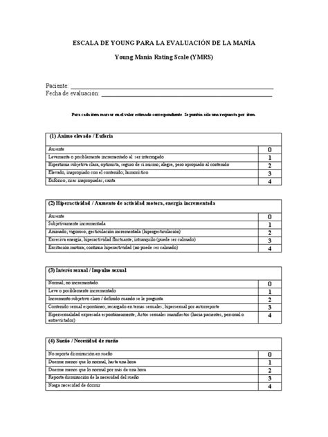 Escala De Young Para La Evaluación De La Manía Pdf Manía Validez
