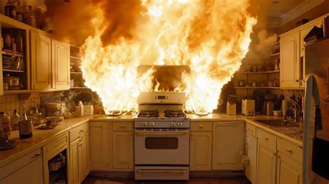 A Kitchen With A Stove On Fire In The Middle Of It 50620902 Stock Video At Vecteezy