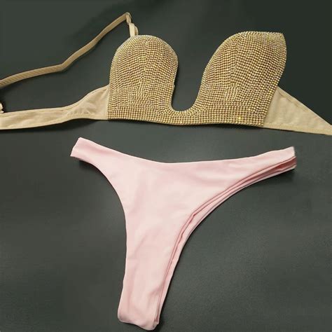 Gold Silver Rhinestones Bikini Set Women Lace Up Bra Sexy Thong Panty