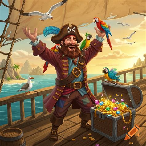A Happy Cartoon Pirate With A Beard And Tricorne Hat Stands On A Ship